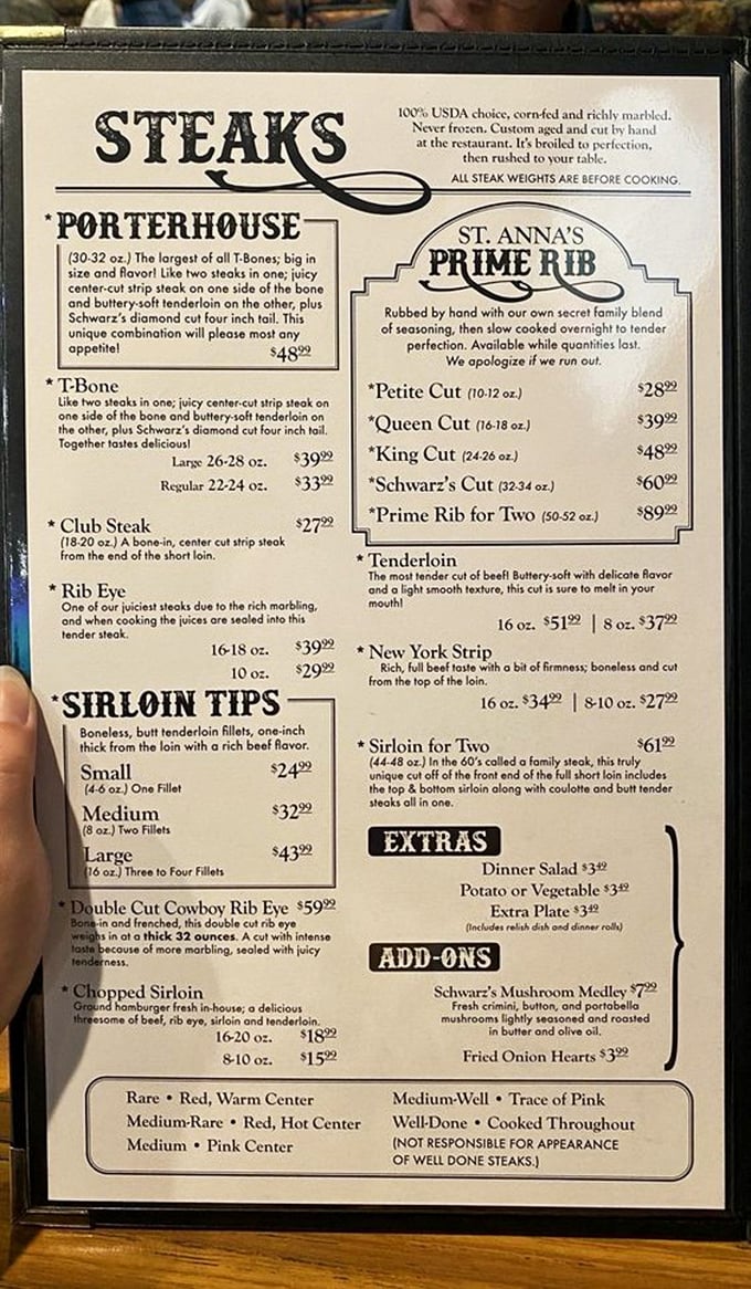 A menu that means business. Schwarz's legendary steaks and prime rib offerings read like poetry to carnivores seeking the ultimate Wisconsin supper club experience.