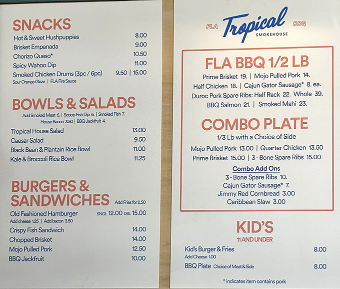 This menu reads like a love letter to Florida's cultural melting pot. Cajun gator sausage? Now that's embracing your location!