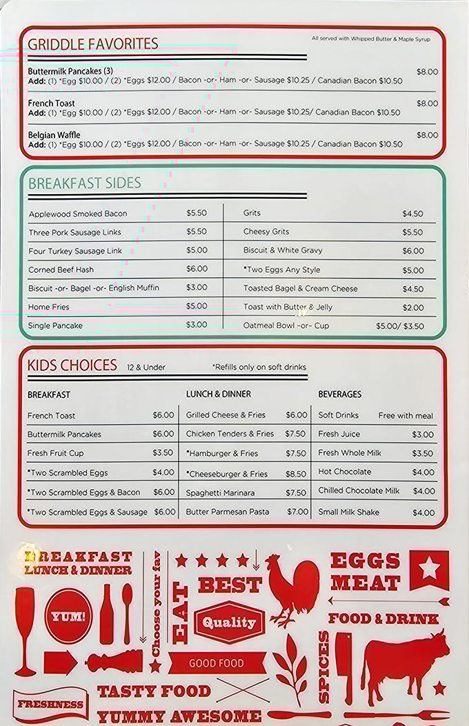 The menu reads like a love letter to American classics. Each section promises a different kind of happiness, all available 24/7 because hunger doesn't check the clock.