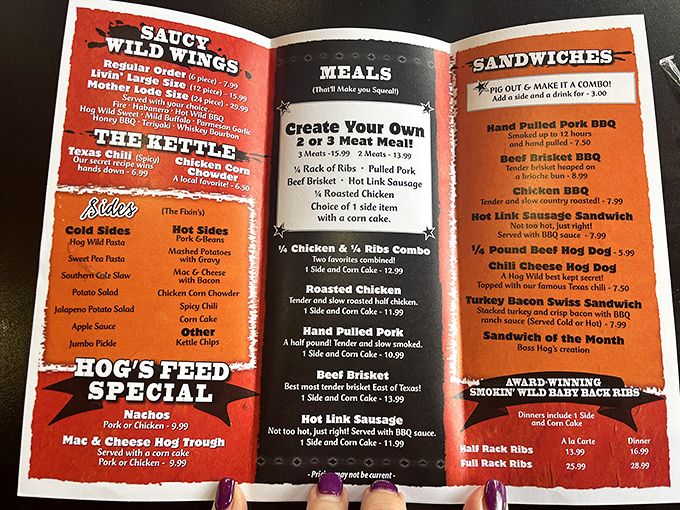 This menu isn't just a list—it's a roadmap to happiness. The "Award-Winning Smokin' Wild Baby Back Ribs" isn't just a name, it's a promise.