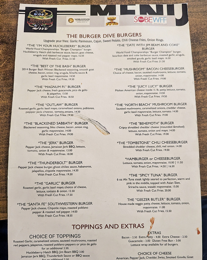 This menu isn't just a list of options; it's a roadmap to burger nirvana. Each creation has its own personality and devoted following.