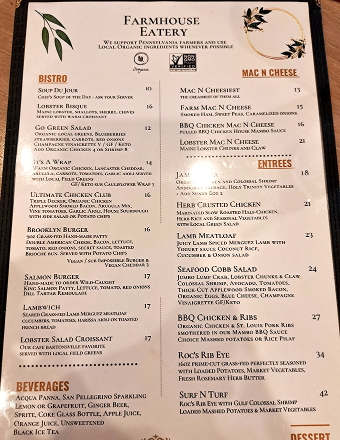 A menu that reads like a love letter to local ingredients. Notice how they don't waste precious space on kale smoothies or deconstructed anything.