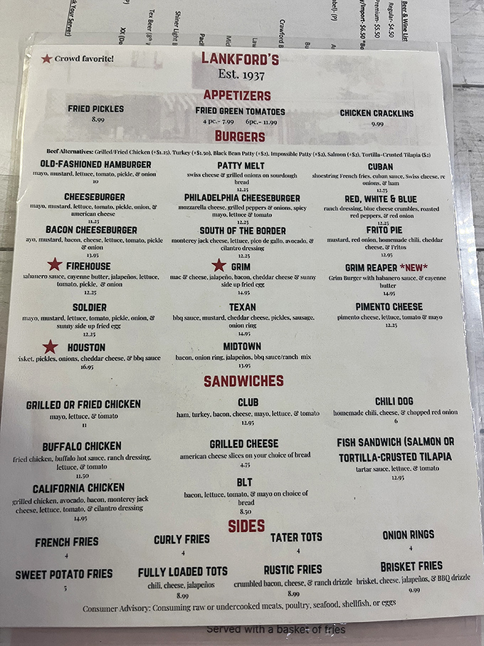 This menu reads like the greatest hits album of American comfort food, starring burgers with actual personality.