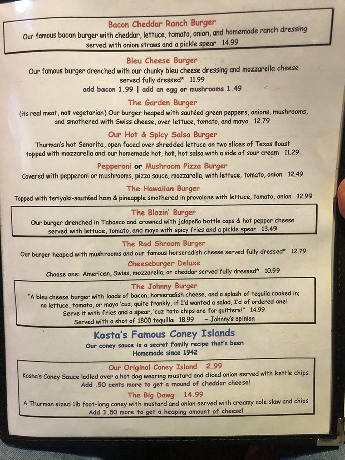 A menu that reads like poetry for the protein-obsessed. The Johnny Burger's description alone deserves a Pulitzer for food literature.