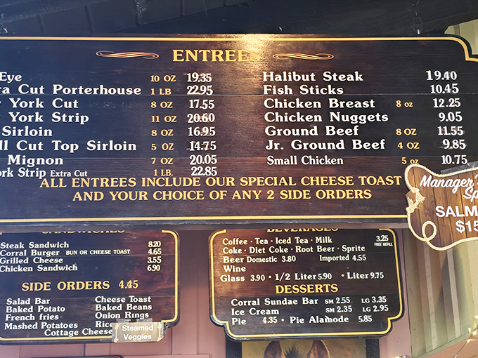 This menu board is a time capsule of steakhouse classics. No QR codes here&mdash;just straightforward options that haven't needed updating since Nixon was president.