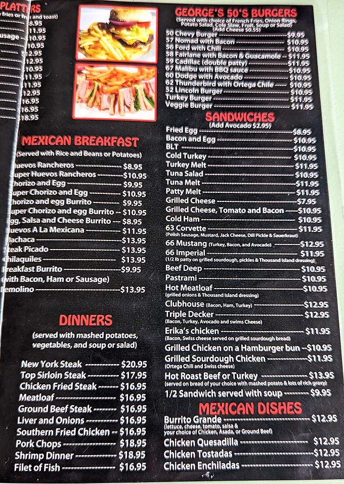 This isn't just a menu—it's a roadmap to happiness with car-themed burgers and Mexican breakfast options that'll make your taste buds do the cha-cha.