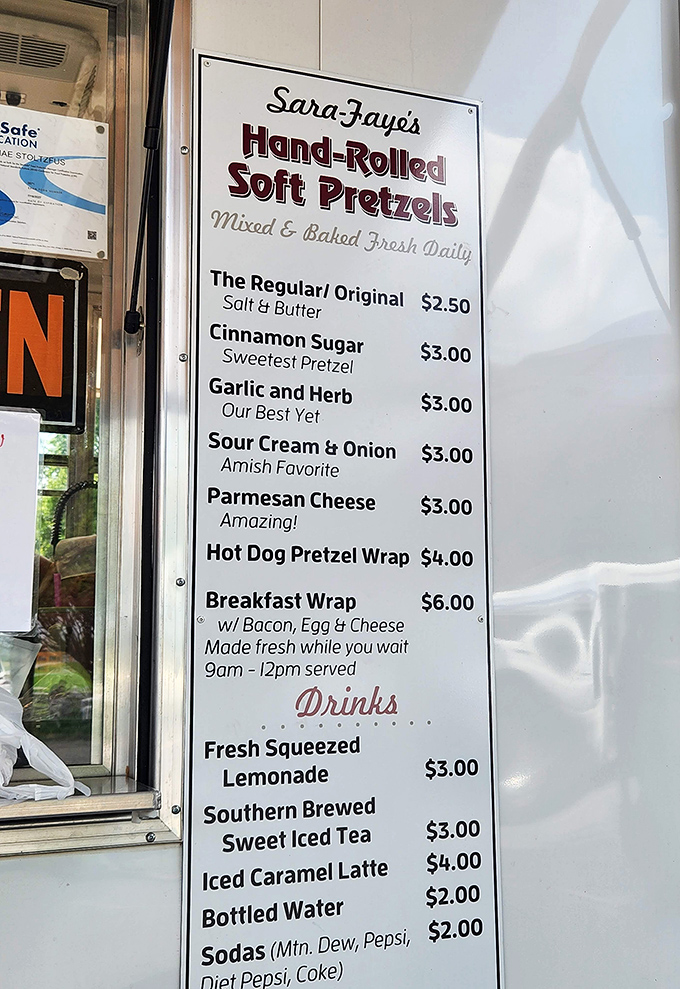 Sara-Faye's pretzel menu reads like poetry for carb enthusiasts. The Sour Cream & Onion option is labeled "Amish Favorite" for good reason – it's a twisted masterpiece of flavor.