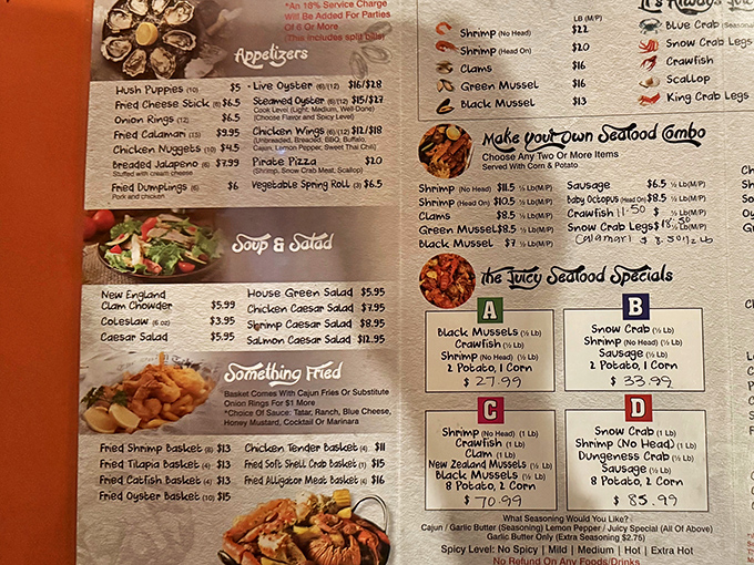 The menu reads like a love letter to crustaceans. Decisions this difficult should come with a therapist on standby.