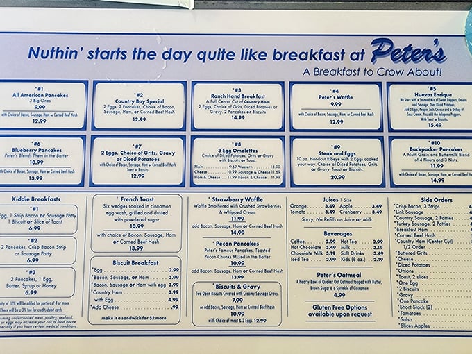 The menu board reads like a love letter to breakfast classics. Each blue box contains a promise of morning happiness, with the pecan pancakes quietly waiting for their moment to shine.