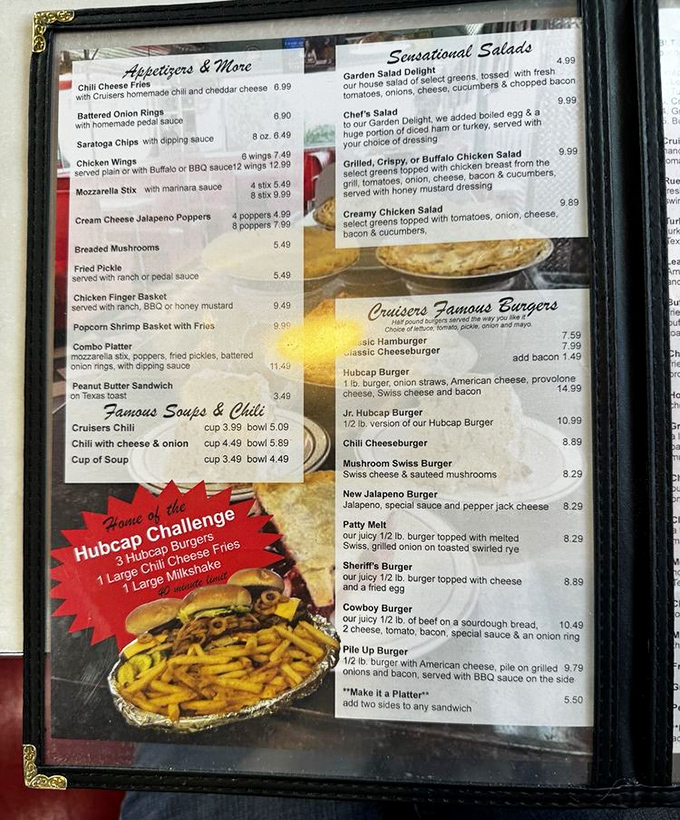 The menu at Cruisers doesn't just list food; it's a roadmap to happiness with the legendary Hubcap Challenge daring you to test your appetite.