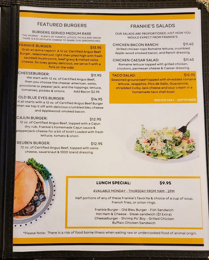 The menu tells the delicious truth – this isn't fancy food, it's fantastic food. That Frankie Burger description alone is worth the drive.