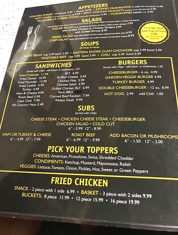 A menu that reads like a love letter to the Chesapeake Bay. No fancy fonts needed when the food speaks this eloquently.