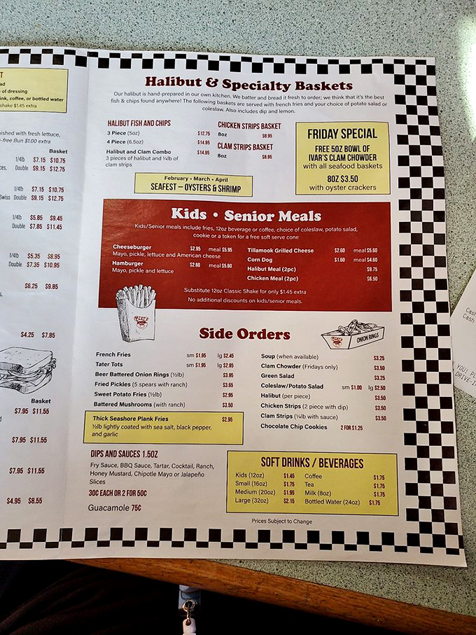 This menu isn't just a list of food&mdash;it's a roadmap to happiness with halibut baskets and specialty treats that define Oregon comfort.