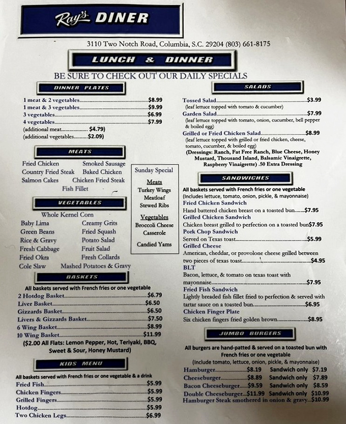 A menu that doesn't need a translator. Straightforward Southern comfort food with no pretension, just honest offerings that satisfy.