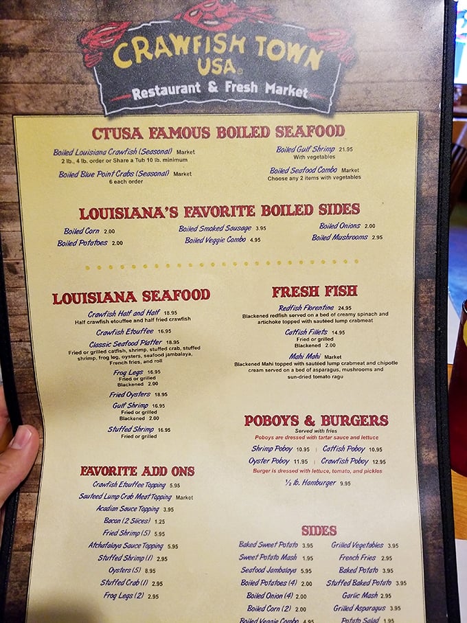 The menu reads like a love letter to Louisiana cuisine, with each dish representing generations of Cajun cooking wisdom.