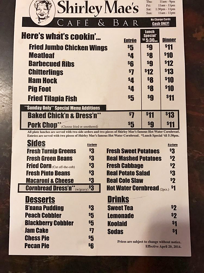 This menu isn't trying to impress you with fancy descriptions&mdash;it's too busy listing soul food classics that will make your heart sing and your belt loosen.