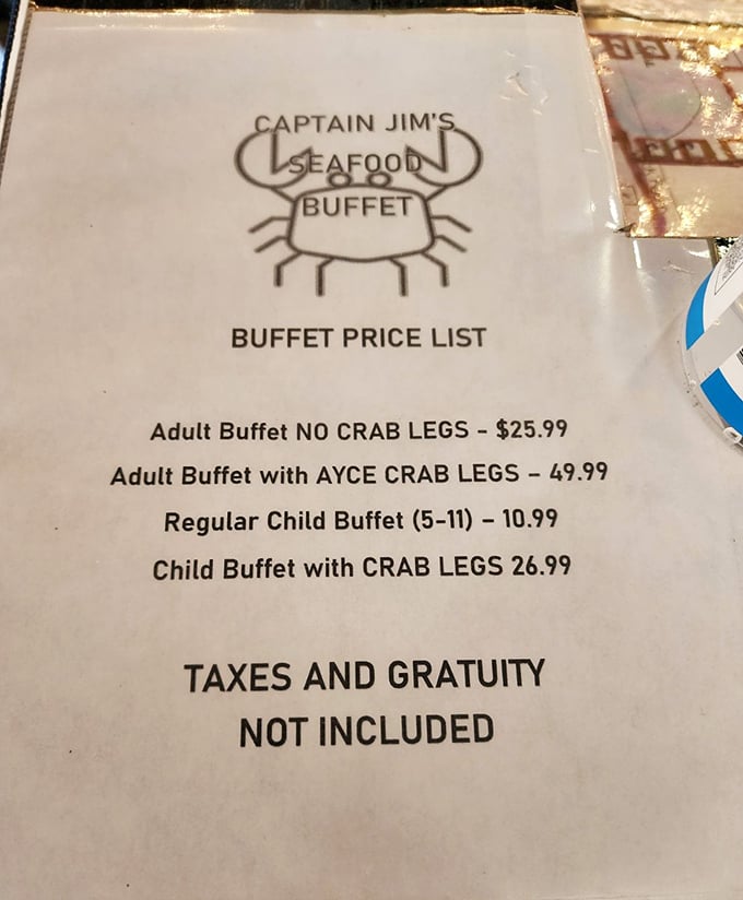 The menu lays out the treasure map plainly: choose your adventure with or without the coveted crab legs—decisions, decisions!
