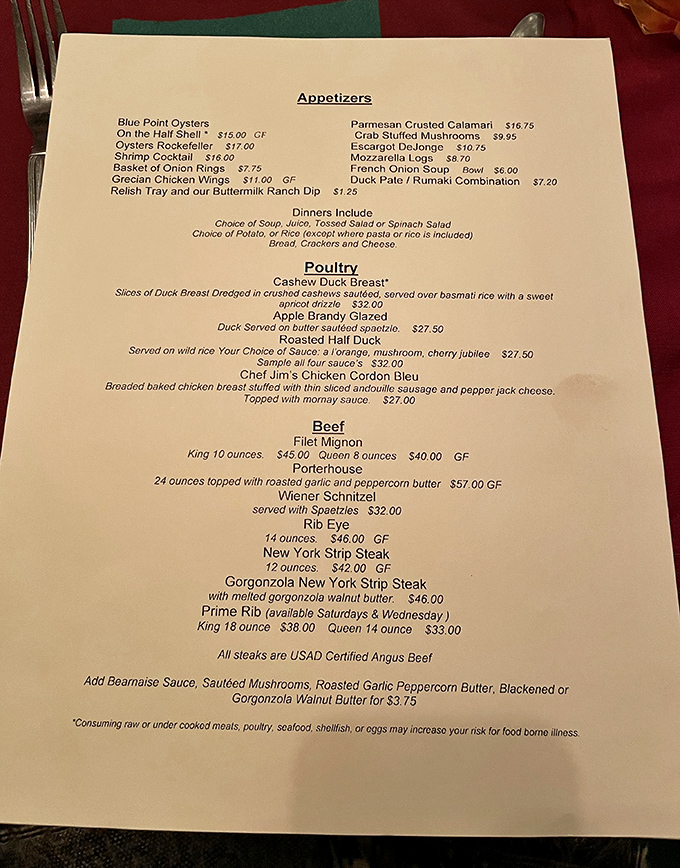 A menu that reads like a love letter to carnivores. Duck and prime rib share top billing in this delicious drama.