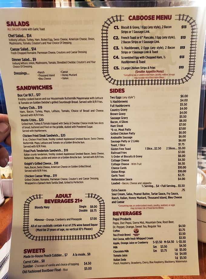 The "Caboose Menu" offers all the classics a diner aficionado could want. Decision paralysis has never been so delicious.