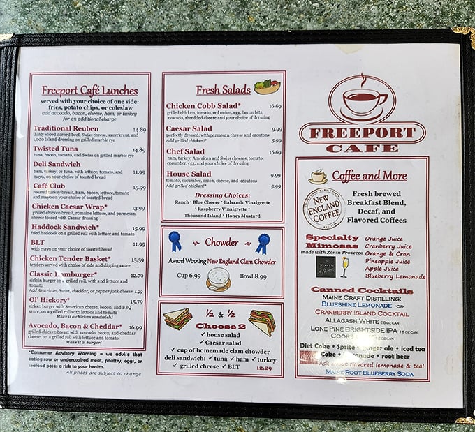 The menu reads like a love letter to New England classics. That blue ribbon by the chowder? Consider it a spoiler alert.