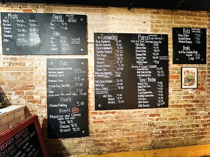 Chalkboard menus &ndash; the universal sign of food made with intention rather than automation. Each item represents hours of smoky dedication.