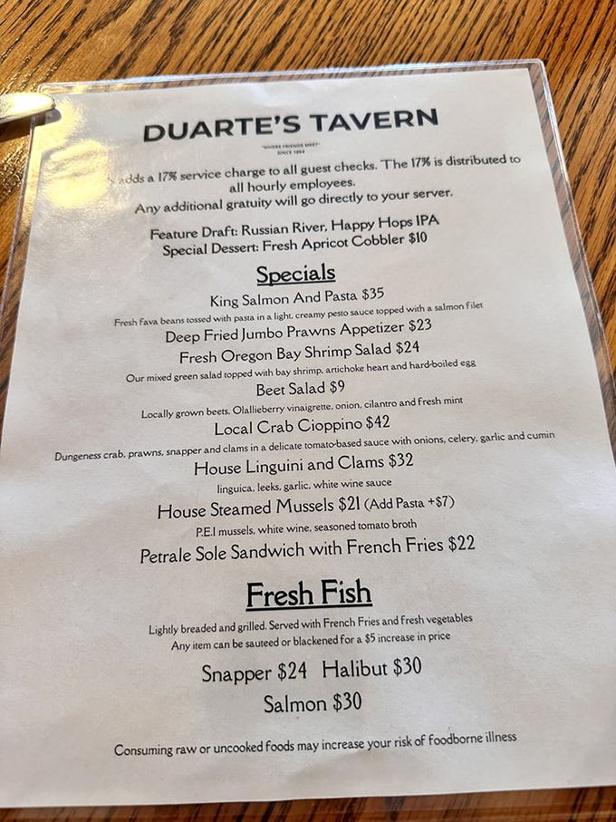 A menu that reads like poetry to seafood lovers. The cioppino alone might be worth the drive from San Francisco.