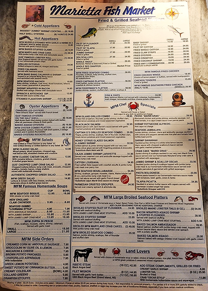 This menu isn't just extensive—it's practically maritime literature. Bring your reading glasses and an empty stomach.