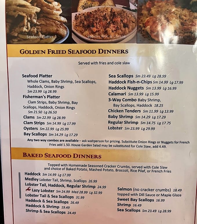 This menu isn't just a list &ndash; it's a maritime treasure map where X marks the spot for golden fried seafood platters and buttery lobster feasts.