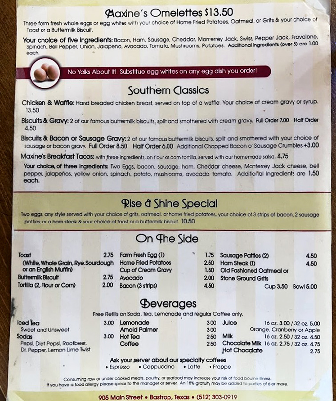 This menu isn't just a list&mdash;it's a roadmap to breakfast bliss. "No Yolks About It!" might be the greatest egg-related pun since humankind discovered brunch.