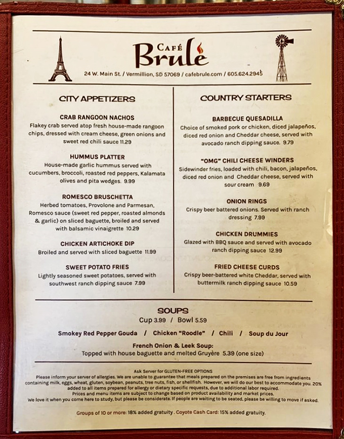 The menu reads like a love letter to both sophisticated city tastes and hearty country appetites&mdash;where else can you find Romesco Bruschetta alongside "OMG" Chili Cheese Winders?