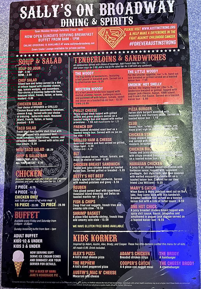 Sally's menu reads like a love letter to Midwest comfort food, with the tenderloin section deservedly taking center stage.