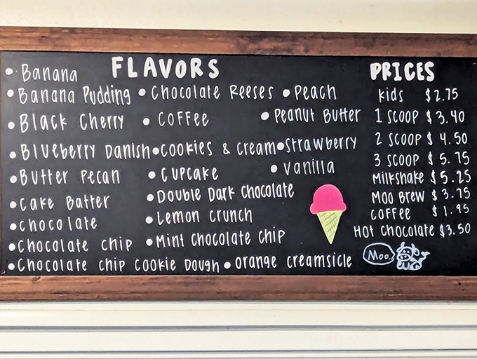 The hand-painted chalkboard menu adds a touch of nostalgia, listing an impressive lineup of homemade ice cream flavors and old-fashioned treats at delightfully affordable prices.