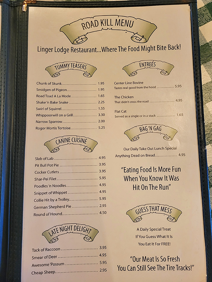 The infamous "Road Kill Menu" might be the funniest thing you'll read before eating. "Our meat is so fresh you can still see the tire tracks!" Pure Florida humor at its finest.