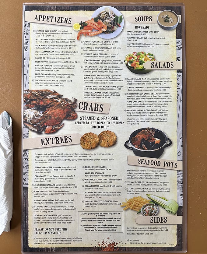 The menu reads like a love letter to the Chesapeake Bay&mdash;where "Ducks of Seagulls" isn't an 80s band but a friendly warning about your french fries' fate. 
