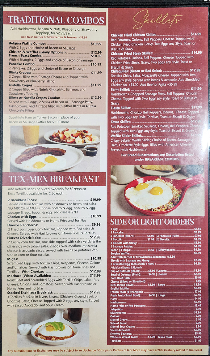 This menu isn't just a list of food&mdash;it's a roadmap to happiness with "Traditional Combos" and "Skillets" as your delicious destinations.