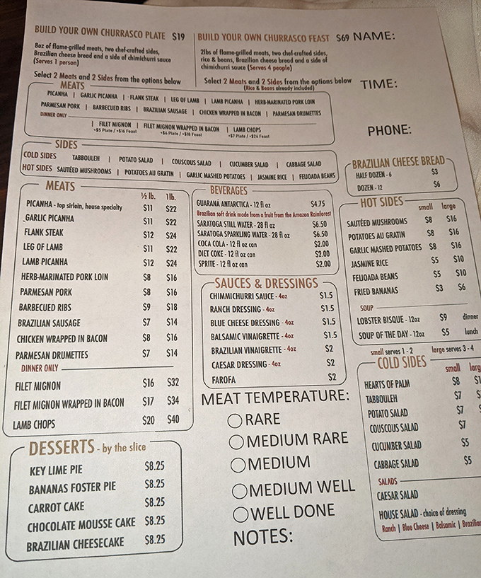 This isn't just a menu&mdash;it's a roadmap to protein paradise. Choose your own meaty adventure with temperature options from "still mooing" to "well done."