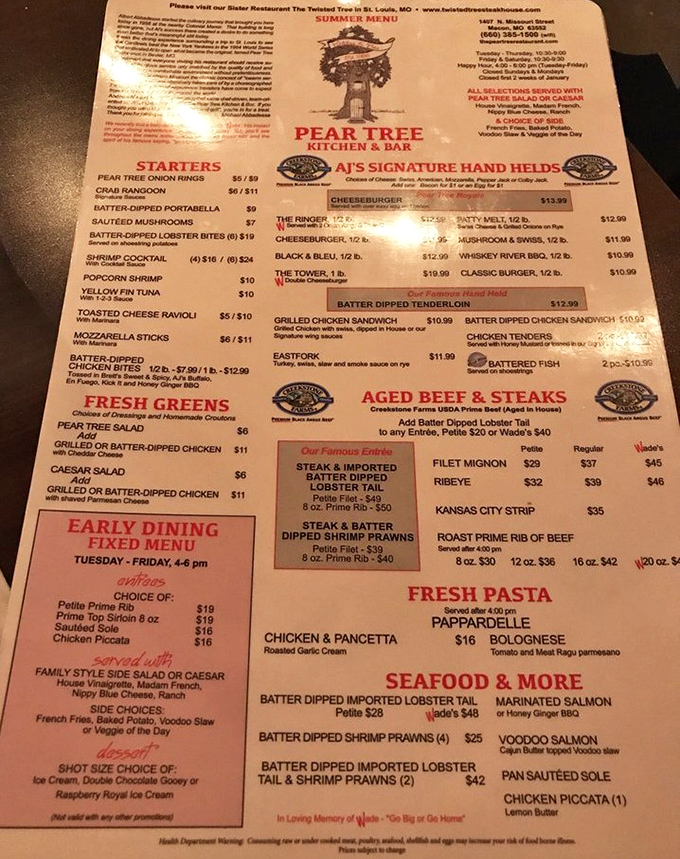 A menu that reads like a love letter to carnivores. When they list "Famous Entr&eacute;es," believe me, there's nothing hyperbolic about that claim.