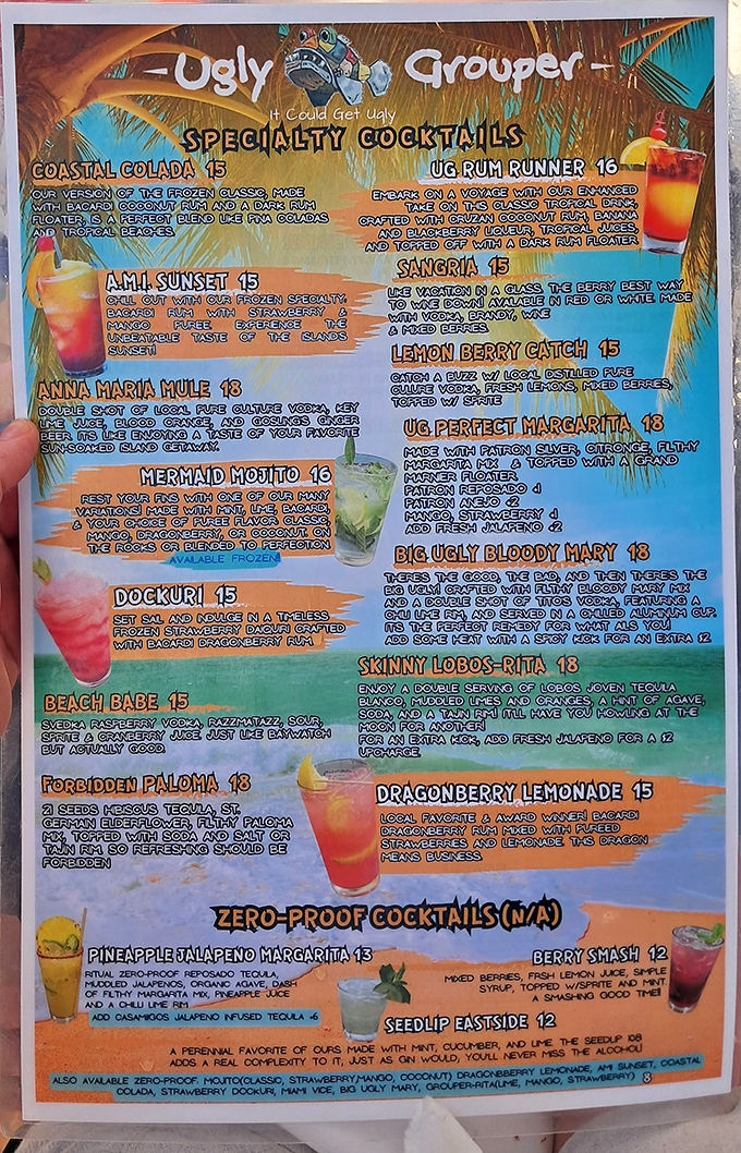 The cocktail menu reads like a tropical vacation itinerary, with each drink promising its own mini-getaway. That Mermaid Mojito is calling my name!