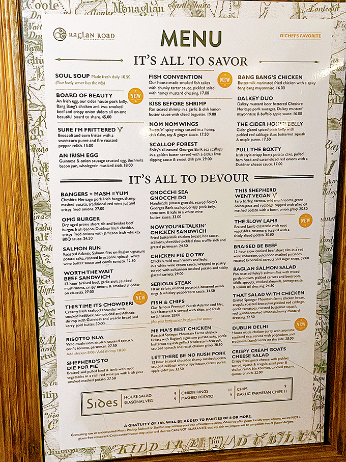 The menu reads like Irish poetry with a sense of humor&mdash;dishes named "Kiss Before Shrimp" and "Bangers + Mash = Yum" hint at serious food that doesn't take itself too seriously.