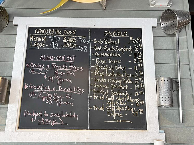 This chalkboard menu isn't just information&mdash;it's a roadmap to happiness. The "All-You-Can-Eat" section is where dreams are made and belts are loosened.