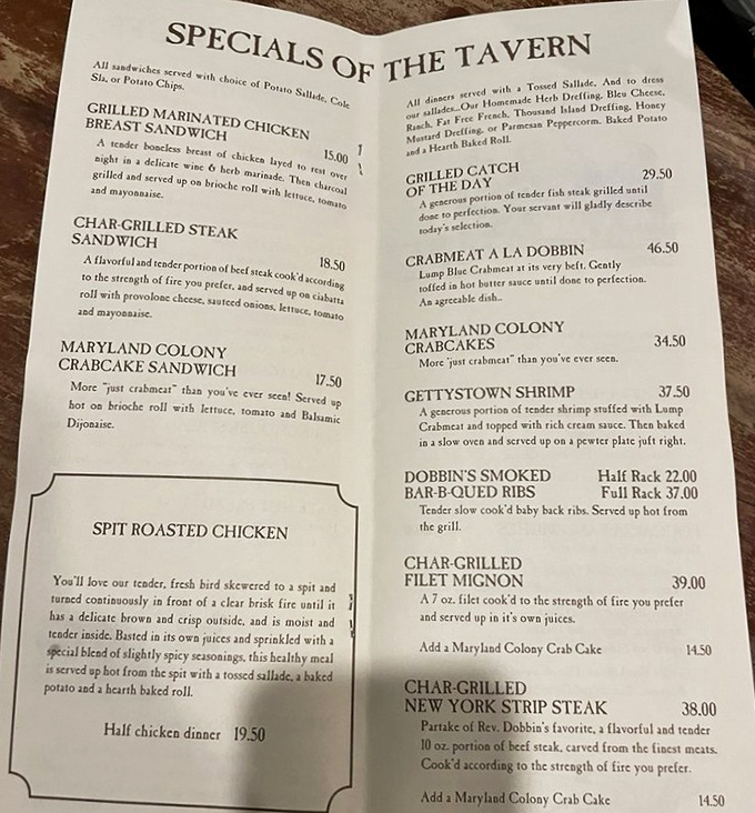 A menu that reads like a delicious history lesson. The "Spit Roasted Chicken" description alone is enough to make your stomach growl in anticipation.