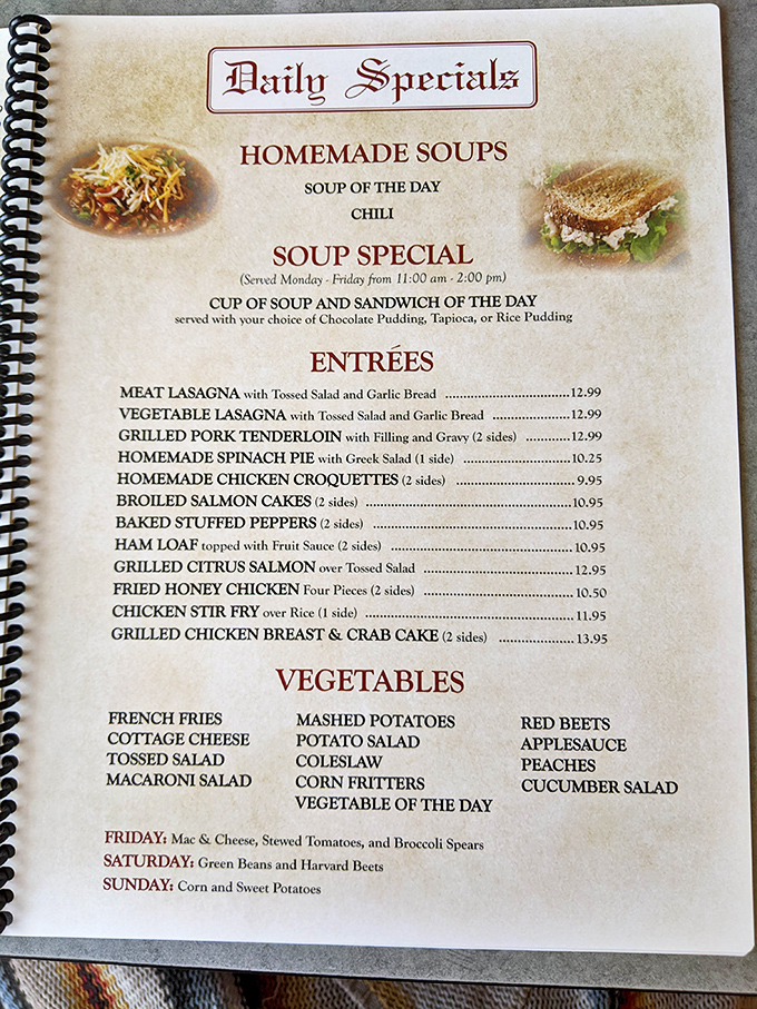 The menu tells the real story: homemade soups, comfort classics, and those legendary crab cakes that have people mapping routes to Gettysburg that have nothing to do with Civil War history.