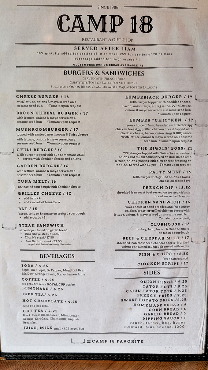 Decisions, decisions! The menu at Camp 18 reads like a love letter to comfort food, with options hefty enough to satisfy even the hungriest forest ranger.