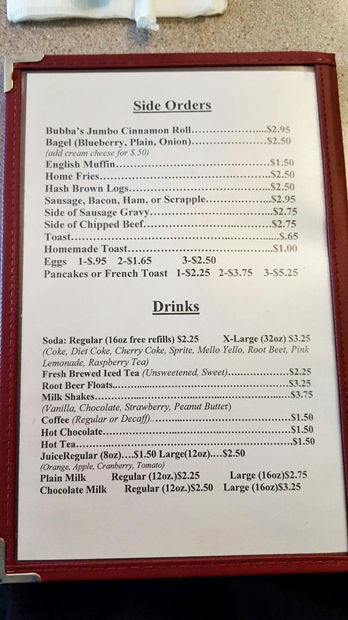 A menu where prices won't give you indigestion. Bubba's Jumbo Cinnamon Roll sits at the top like the celebrity it is&mdash;the Beyonc&eacute; of breakfast pastries.