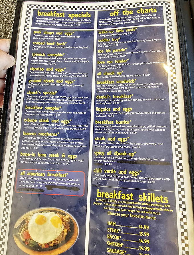 This menu reads like a love letter to breakfast enthusiasts. With names like "Wake-Up Big Susie" and "All Shook Up," ordering becomes an adventure.