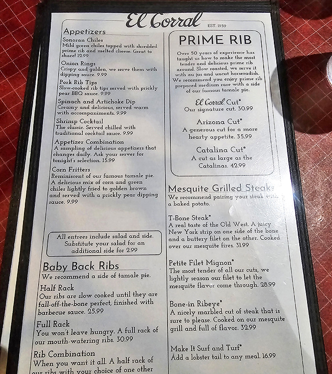 This menu isn't just a list of food&mdash;it's a declaration of culinary intent that's been perfected since 1939. The prime rib section deserves its own spotlight.