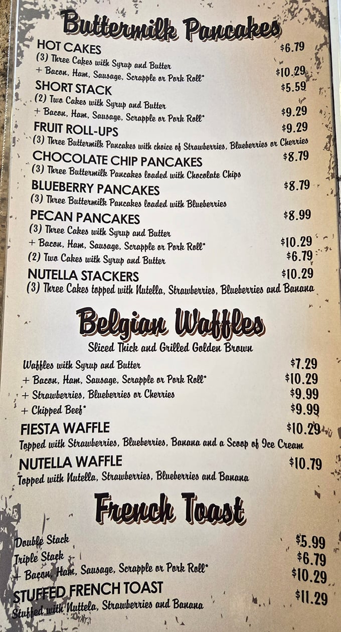 The breakfast menu reads like a love letter to morning indulgence. Those Nutella Stackers are calling my name!