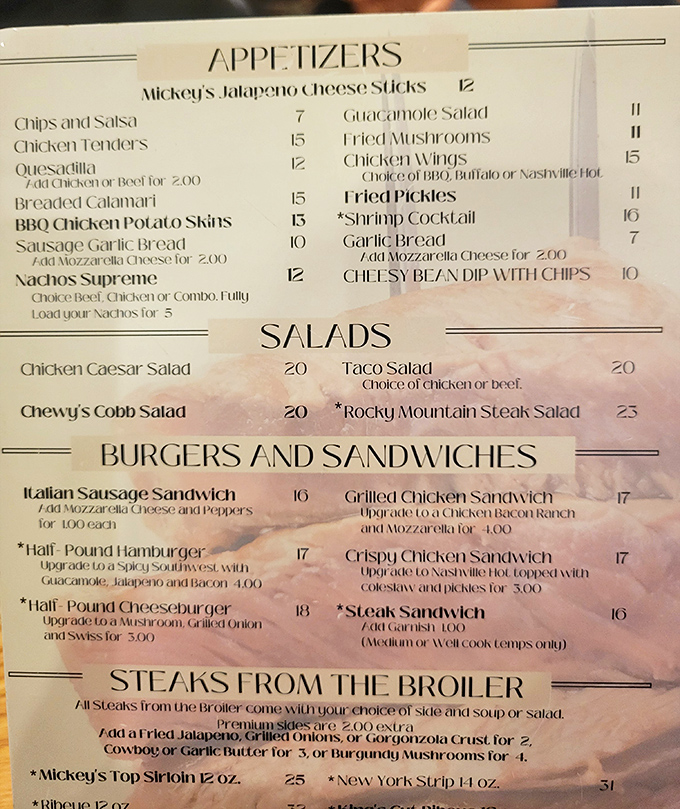 Mickey's menu reads like a love letter to carnivores&mdash;straightforward classics executed with the confidence that comes from decades of experience.