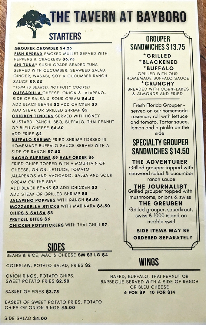 A menu that cuts right to the chase&mdash;no foam, no frills, just the promise of Florida's finest grouper prepared four different ways. Decision paralysis has never been so delicious.