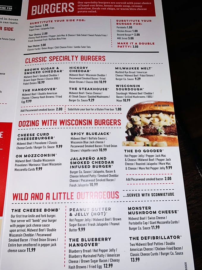 The menu reads like a love letter to excess. "Served with connietude" might be the most Wisconsin phrase ever written.